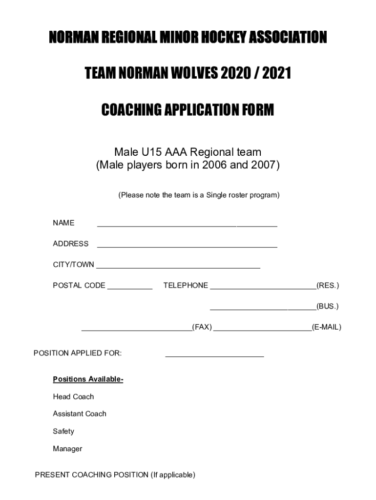 Fillable Online Norman Wolves U15 Male AAA20202021Coach Application Fax ...