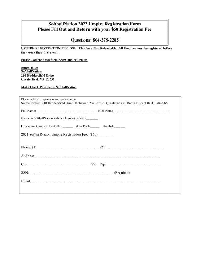 Fillable Online SoftballNation 2022 Umpire Registration Form Please ...