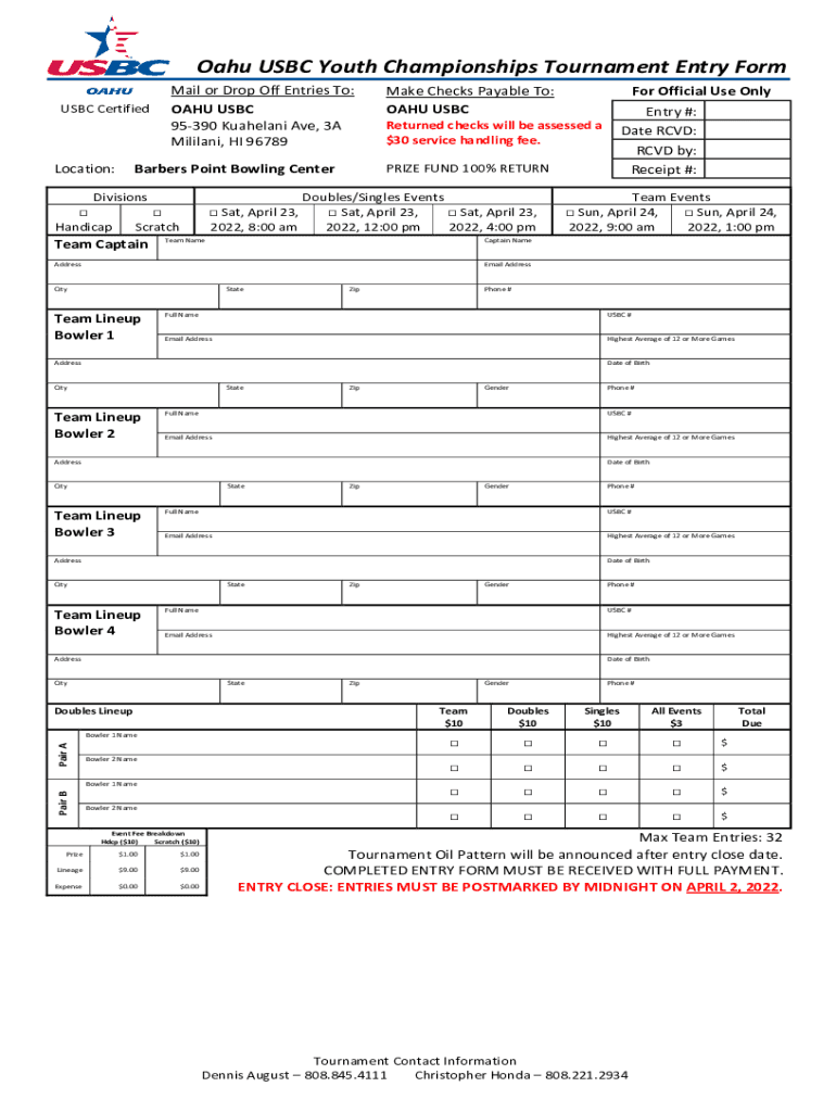 Fillable Online Oahu USBC Youth Championships Tournament Entry Form Fax ...