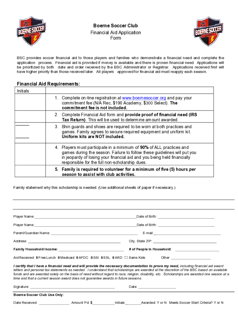Fillable Online Boerne Soccer Club Financial Aid Application Form ...