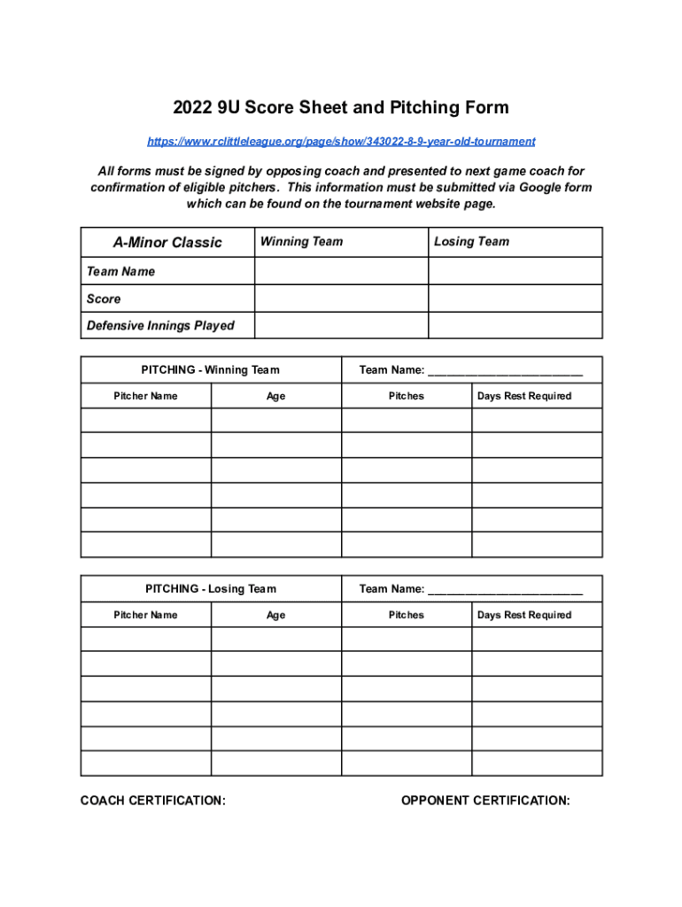 Fillable Online 2022 9U Score Sheet and Pitching Form - Ngin Fax Email ...