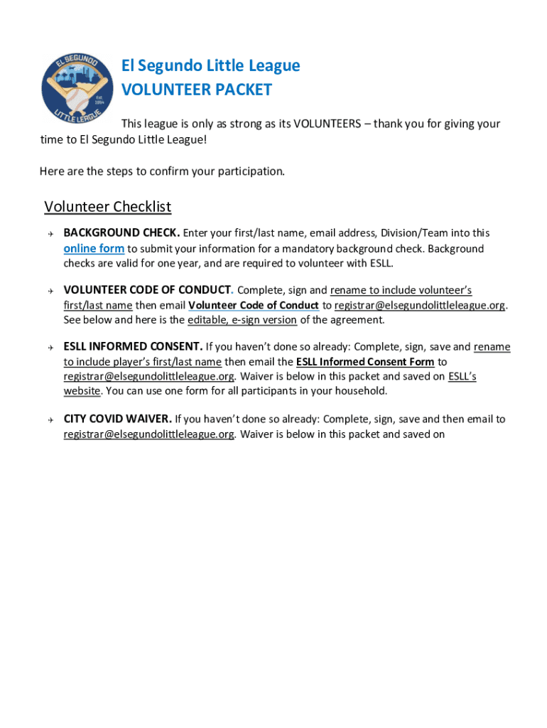 Fillable Online El Segundo Little League VOLUNTEER PACKET - Ngin Fax ...