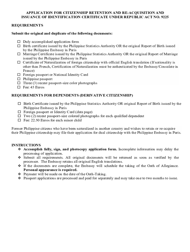 Fillable Online parispe dfa gov APPLICATION FORM CITIZENSHIP RETENTION ...