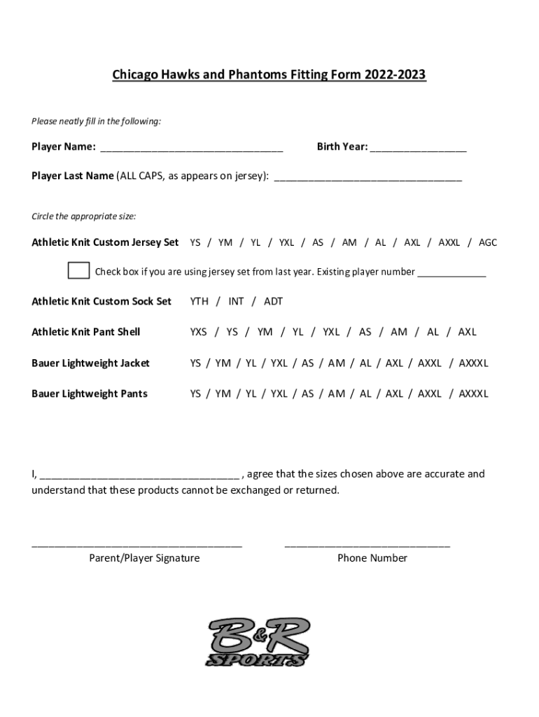 Fillable Online Chicago Hawks and Phantoms Fitting Form 2022-2023 ...