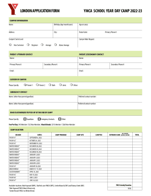 Fillable Online LONDON APPLICATION FORM YMCA SCHOOL YEAR DAY CAMP 2022 ...