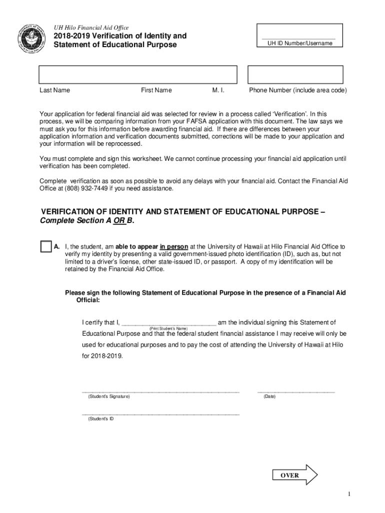 Fillable Online hilo hawaii 2018-2019 Verification of Identity and ...