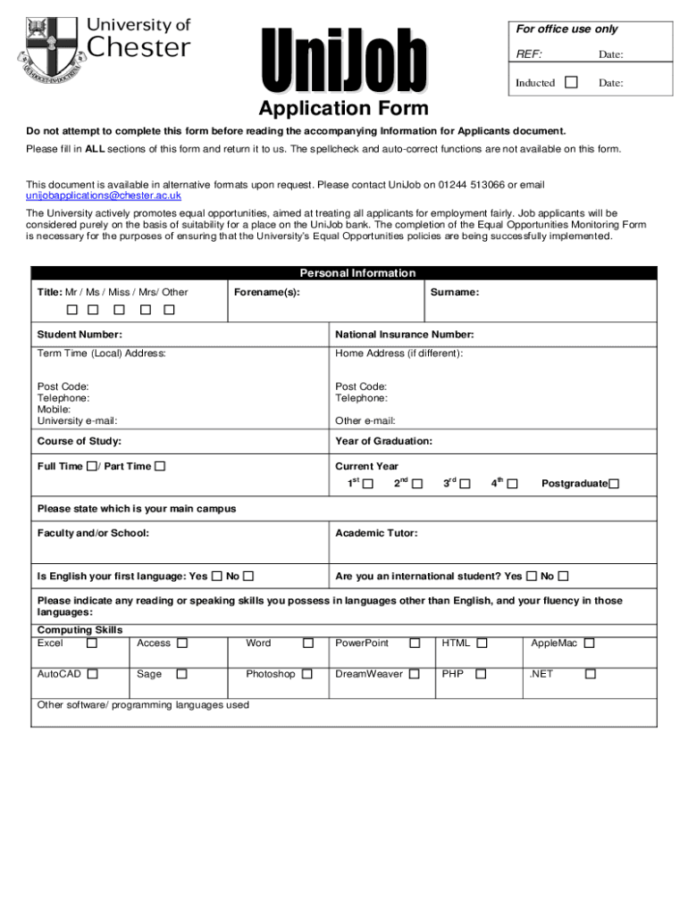 Fillable Online Application Form - University of Chester Fax Email ...