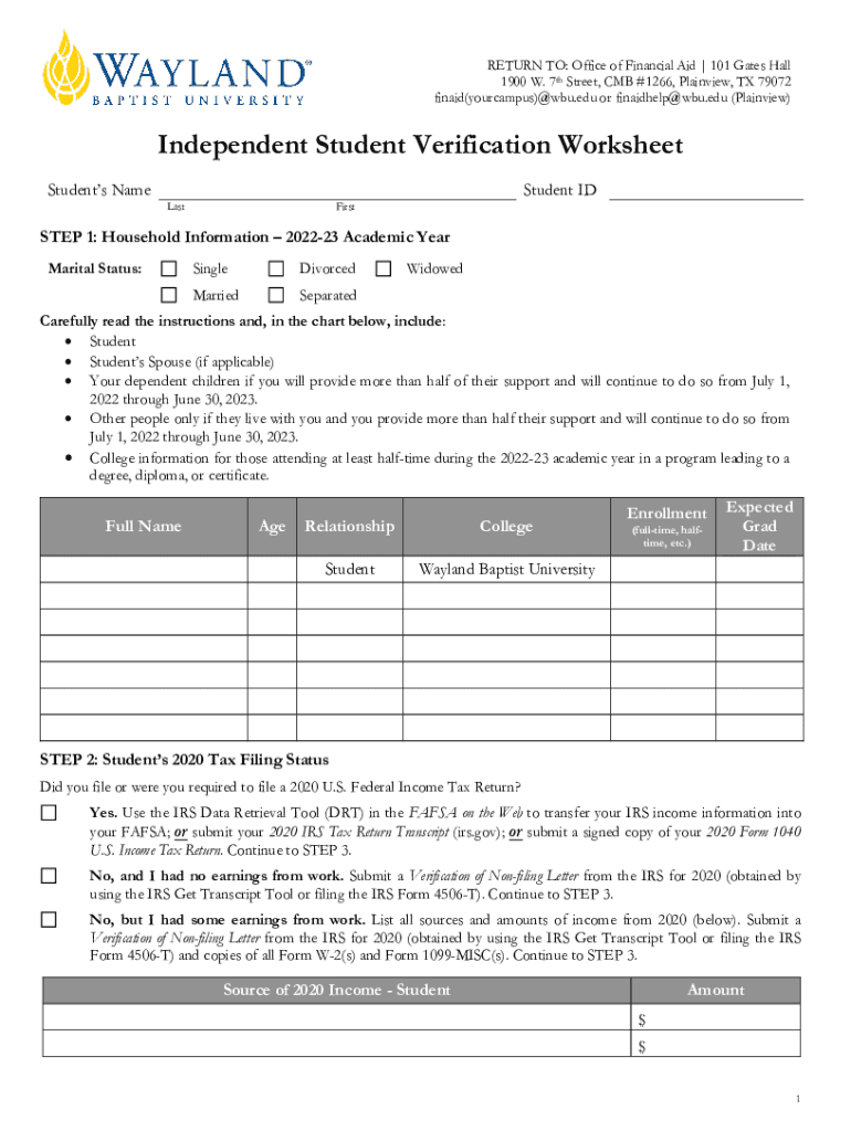 Fillable Online Independent Student Verification Worksheet - Wayland ...