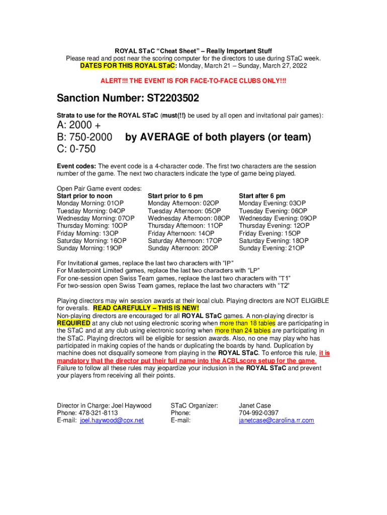 Fillable Online web2 acbl ROYAL STaC Cheat SheetReally Important Stuff ...