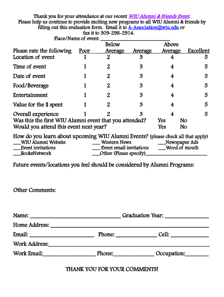 Fillable Online Thank you for your attendance at our recent WIU Alumni ... Fax Email Print ...