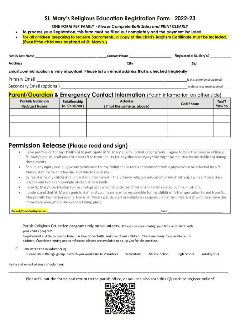 Fillable Online religiouseducation.churchofstmary.orgregistration ...