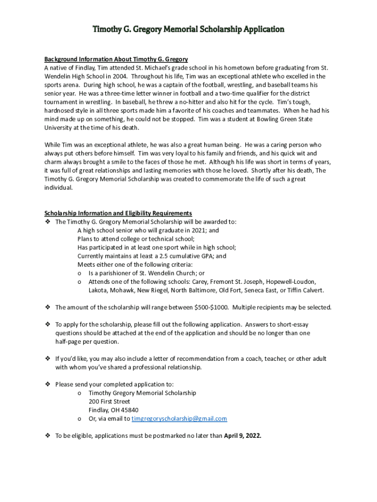 Fillable Online Tim Gregory Scholarship Application2022 form (1).docx ...