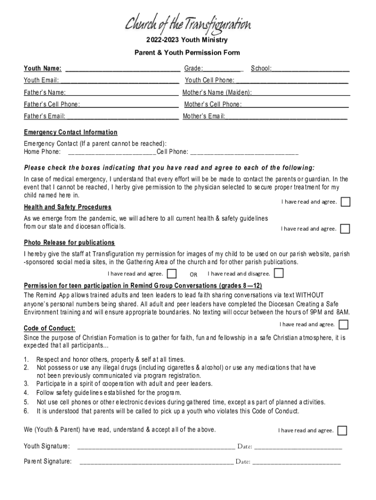 Fillable Online 2022-2023 Youth Ministry Parent & Youth Permission Form ...