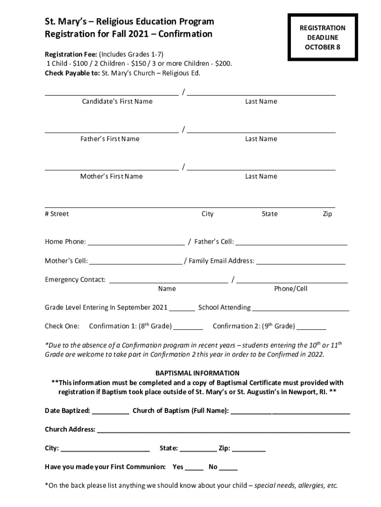 Fillable Online St. Marys Parish Religious Education Office ...