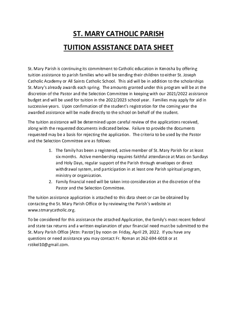Fillable Online ST. MARY CATHOLIC PARISH TUITION ASSISTANCE DATA SHEET Fax Email Print - pdfFiller