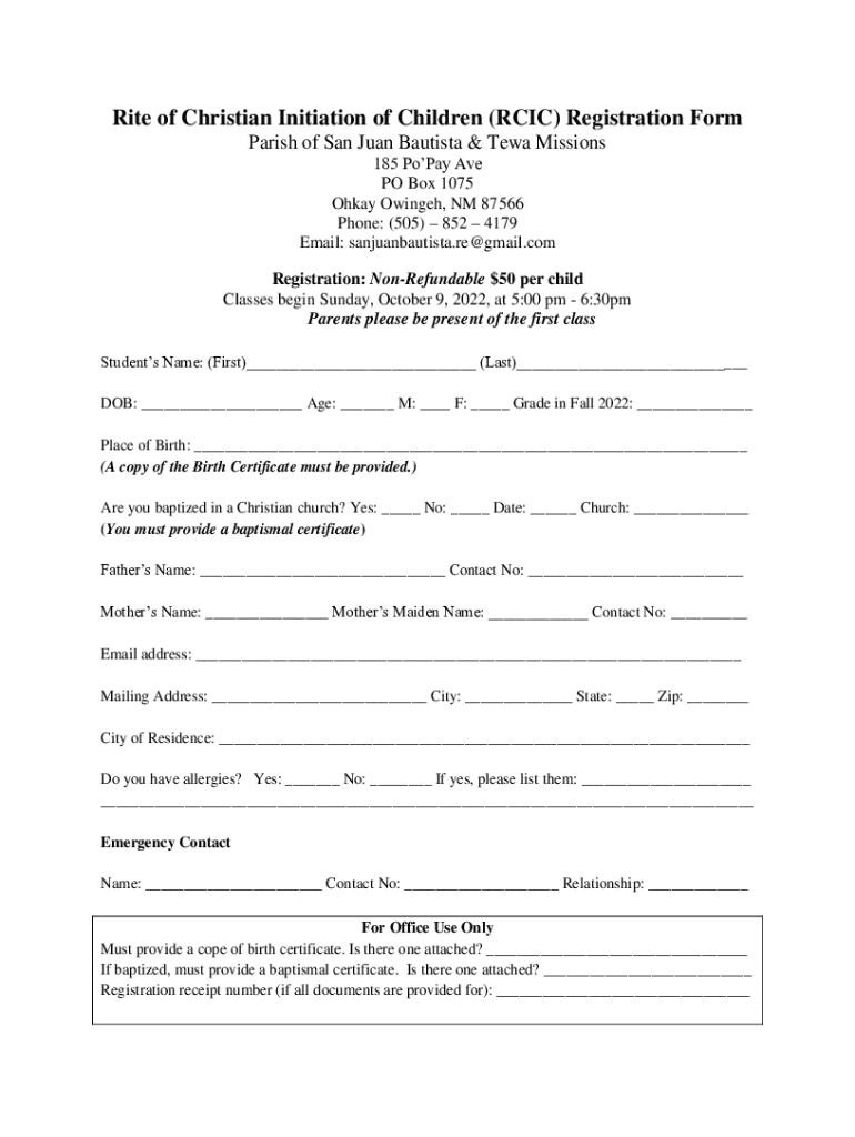 Fillable Online Rite of Christian Initiation of Children (RCIC ...