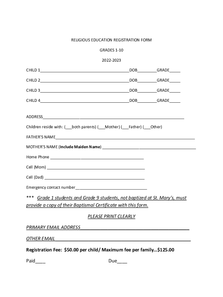 Fillable Online religious education registration form Fax Email Print ...