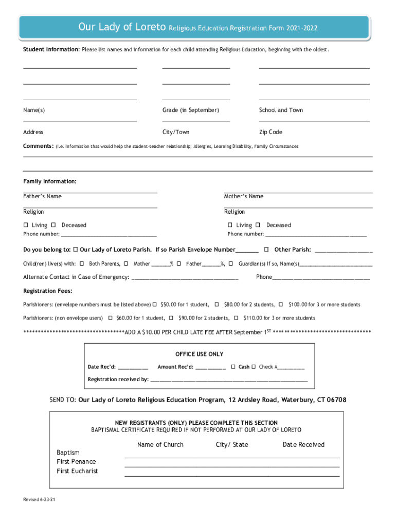 Fillable Online Our Lady of Loreto Religious Education Registration ...