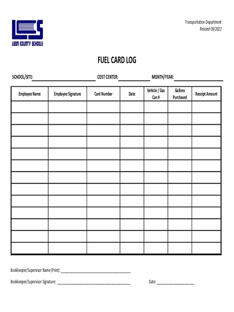 Fillable Online FUEL CARD LOG - Leon County Schools Fax Email Print ...