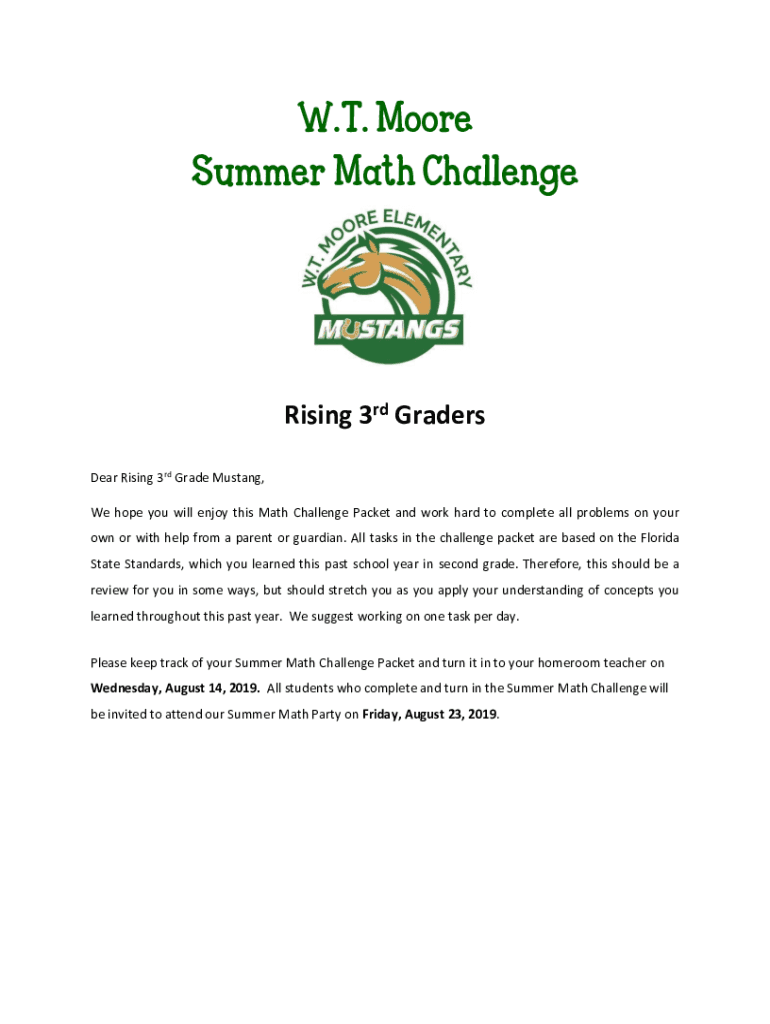Fillable Online W.T. Moore Summer Math Challenge - Leon County Schools ...