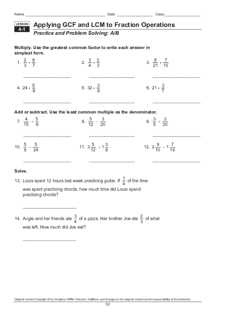 Fillable Online LESSON Applying GCF and LCM to Fraction Operations 4-1 ...