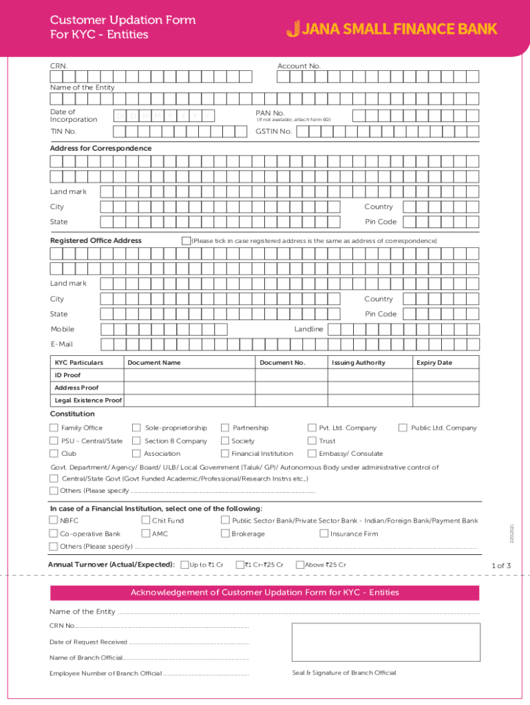 Fillable Online Customer Updation Form For KYC - Entities - janabank.com Fax Email Print - pdfFiller