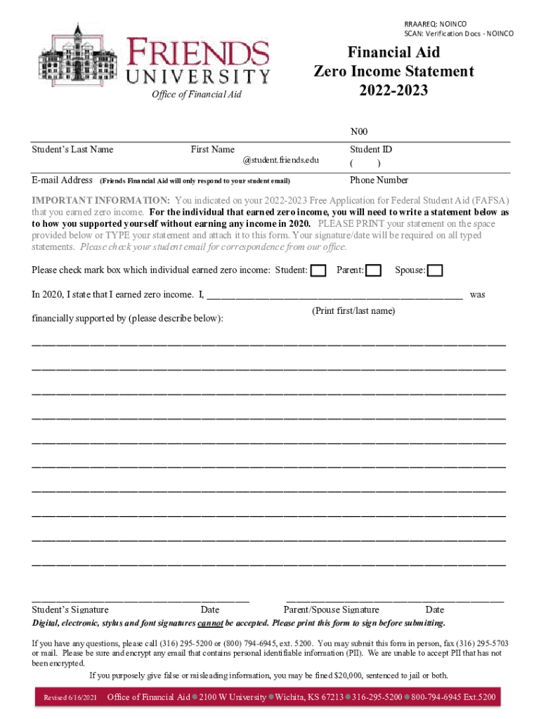 Fillable Online Zero Income Statement 2223 - Friends University Fax ...