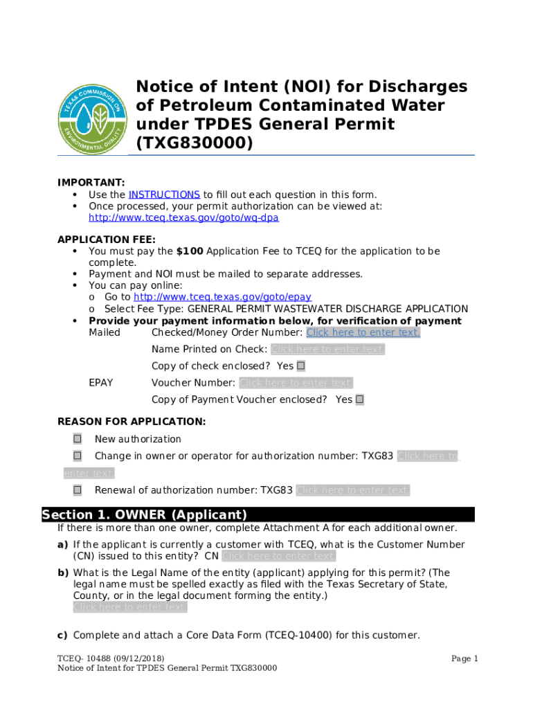 Notice of Intent (NOI) for Discharges of Petroleum Contaminated Water ...