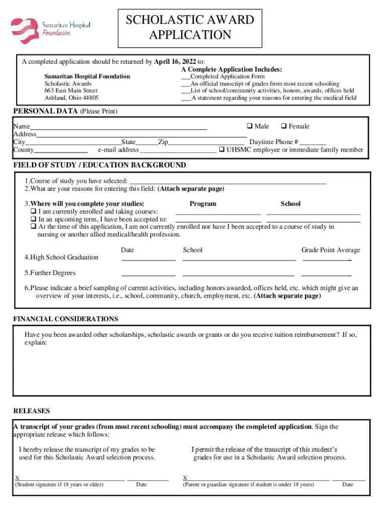 Fillable Online SCHOLASTIC AWARD APPLICATION - Samaritan Hospital Foundation Fax Email Print ...