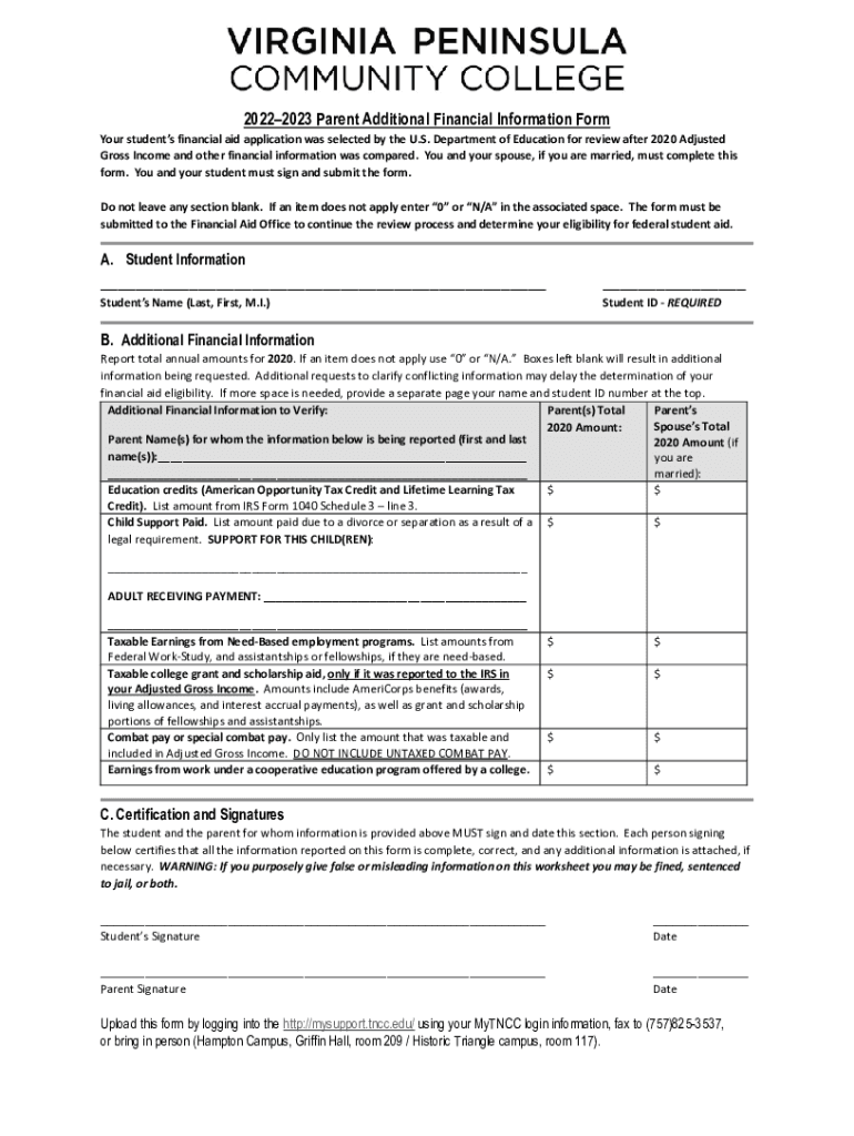 Fillable Online 20222023 Parent Additional Financial Information Form Fax Email Print - pdfFiller