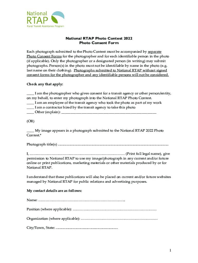 Fillable Online National RTAP Photo Contest Consent Form 2022. National ...