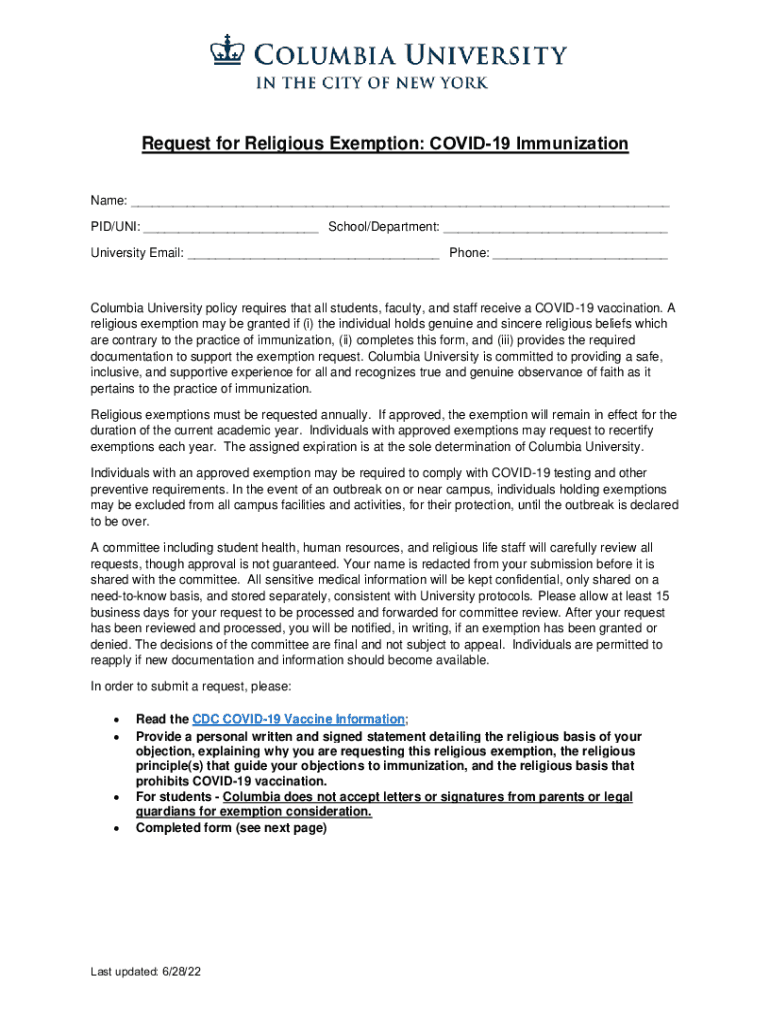 Fillable Online Request for COVID19 Religious Immunization Exemption Form. Request for Religious ...