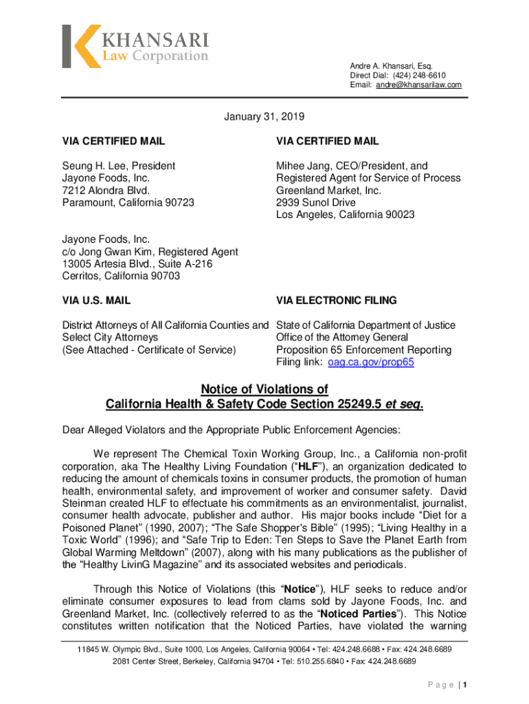 Fillable Online oag ca Notice of Violations of California Health & Safety Code Section 25249.5 ...