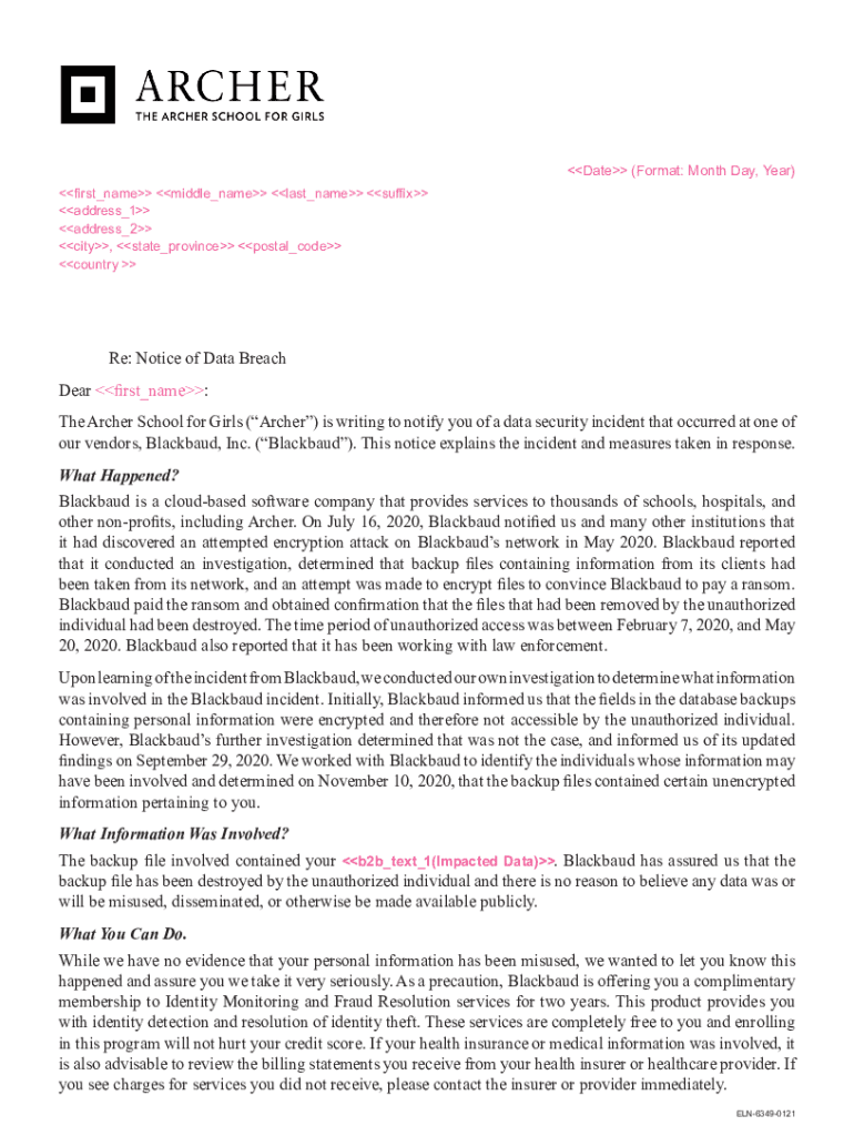 Fillable Online oag ca Re: Notice of Data Breach Dear : The Archer ... Fax Email Print - pdfFiller