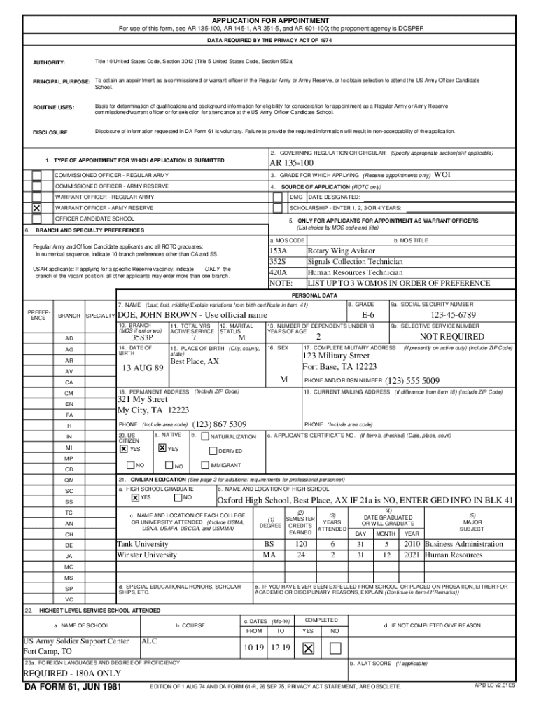 Fillable Online Application for Appointment - U.S. Army Recruiting ...