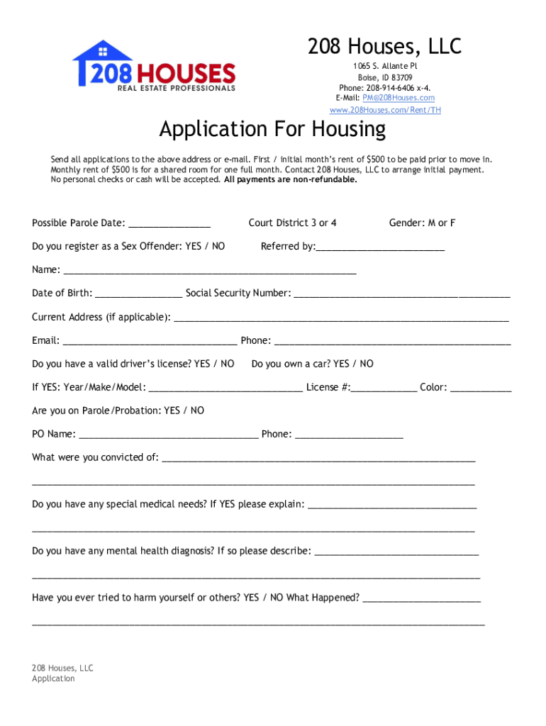 Fillable Online 208 Houses, LLC Application For Housing Fax Email Print ...