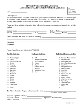 Fillable Online PHYSICIANS RECOMMENDATION FOR PHYSICAL EDUCATION Fax ...
