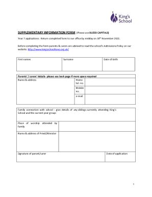 Fillable Online SUPPLEMENTARY INFORMATION FORM - King's School Hove Fax ...