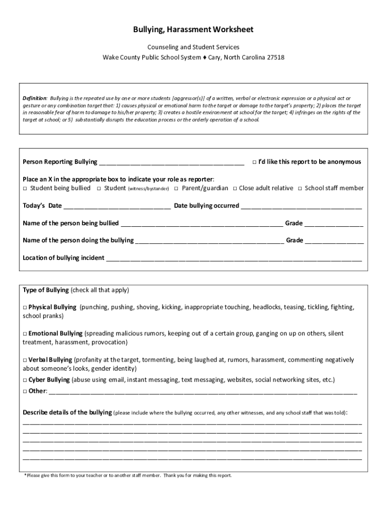 Fillable Online Bullying, Harassment Worksheet - Wake County Public ...