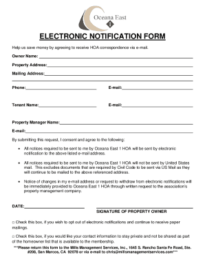 Fillable Online ELECTRONIC NOTIFICATION FORM - Oceana East 1 HOA Fax ...