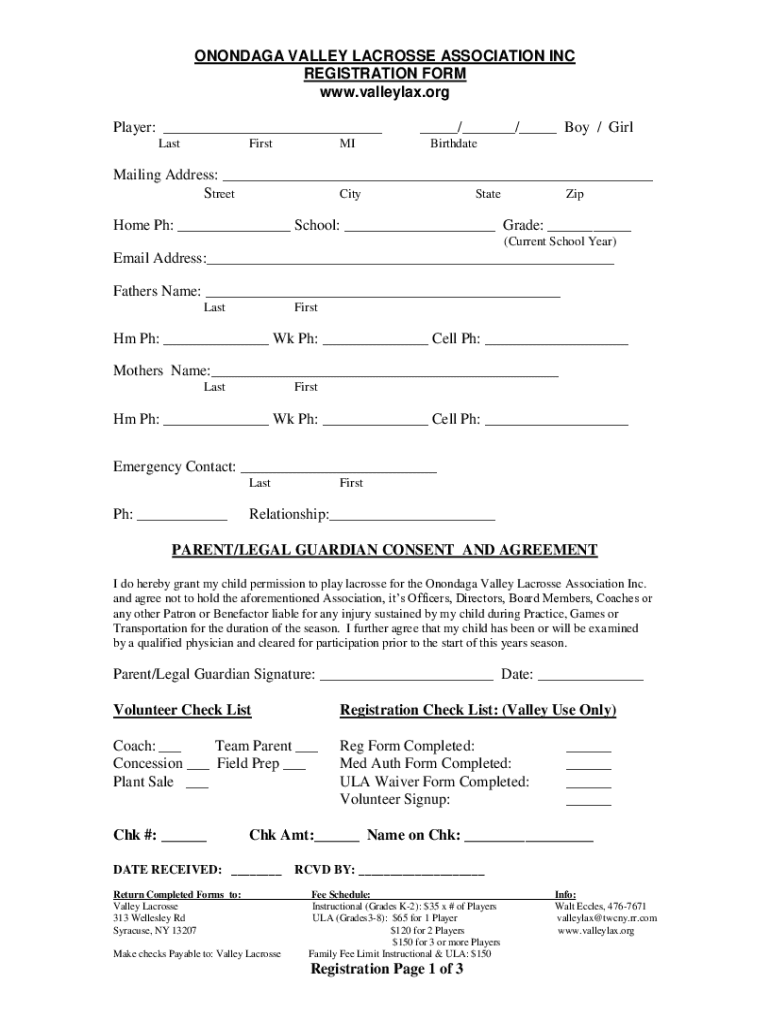 Fillable Online Onondaga Valley Lacrosse Association Inc Registration ...