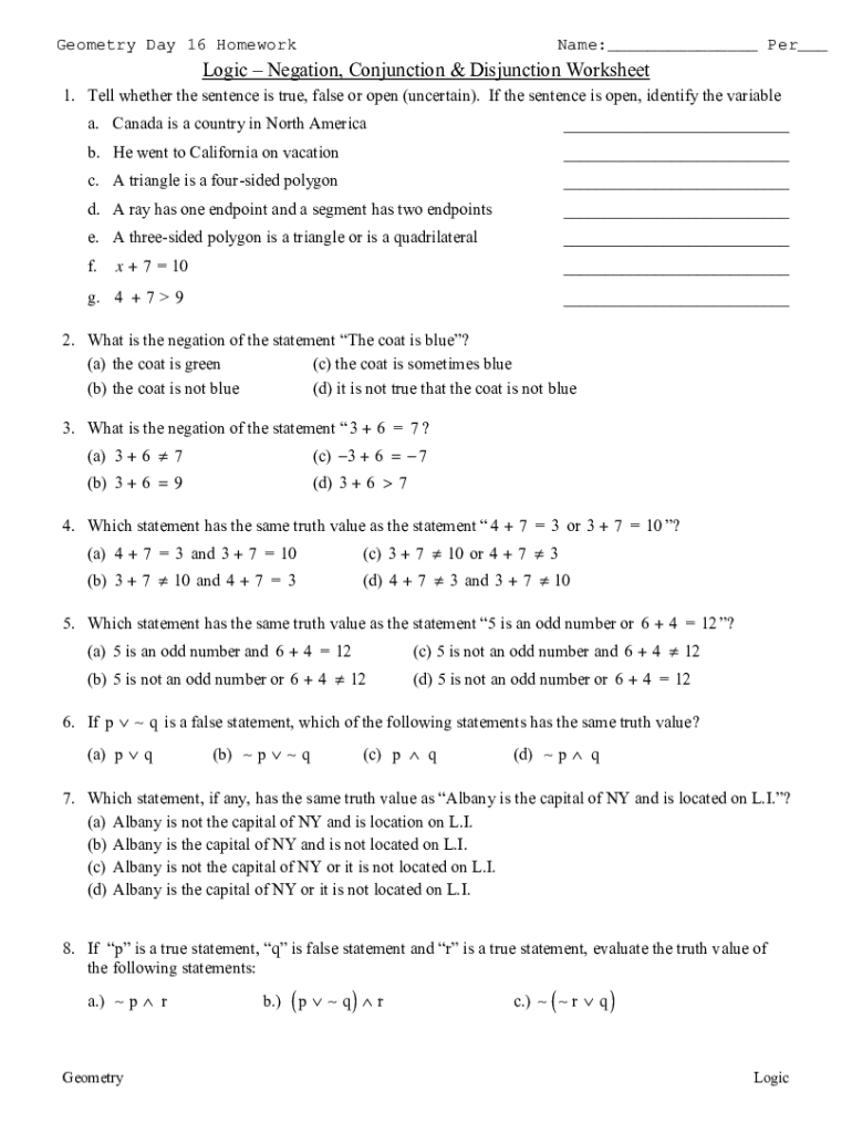Fillable Online 1 - Negation, Conjunction & Disjunction Worksheet Fax ...