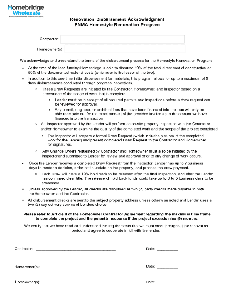 Fillable Online Renovation Disbursement Acknowledgment FNMA Homestyle ...