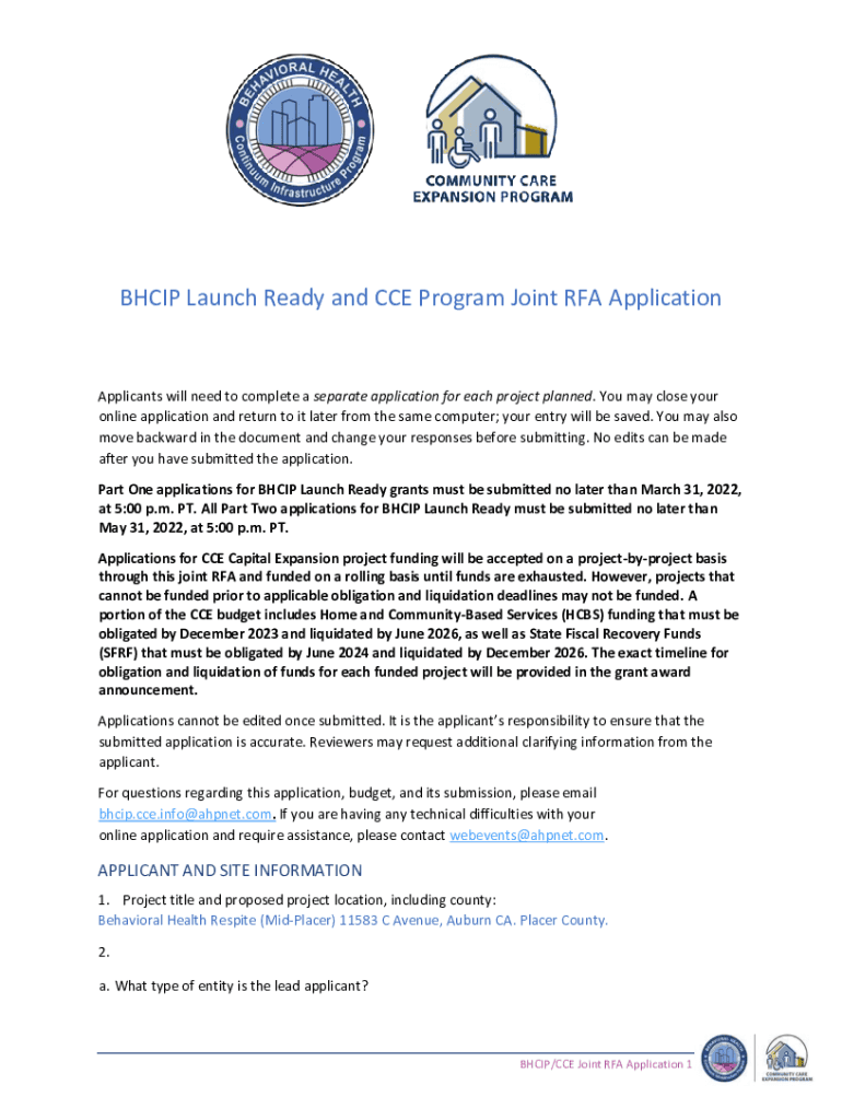 Fillable Online BHCIP Launch Ready and CCE Program Joint RFA ...