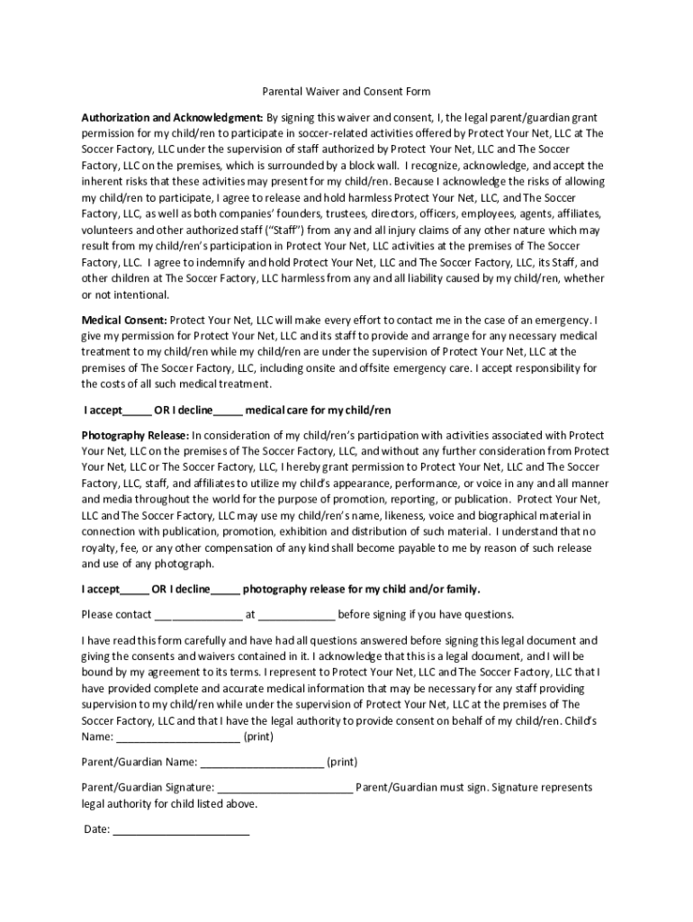 Fillable Online Parental Waiver and Consent Form Fax Email Print ...
