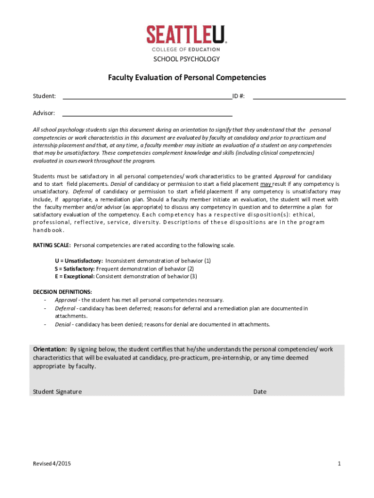 Fillable Online School Psychology Faculty Evaluation of Personal ...