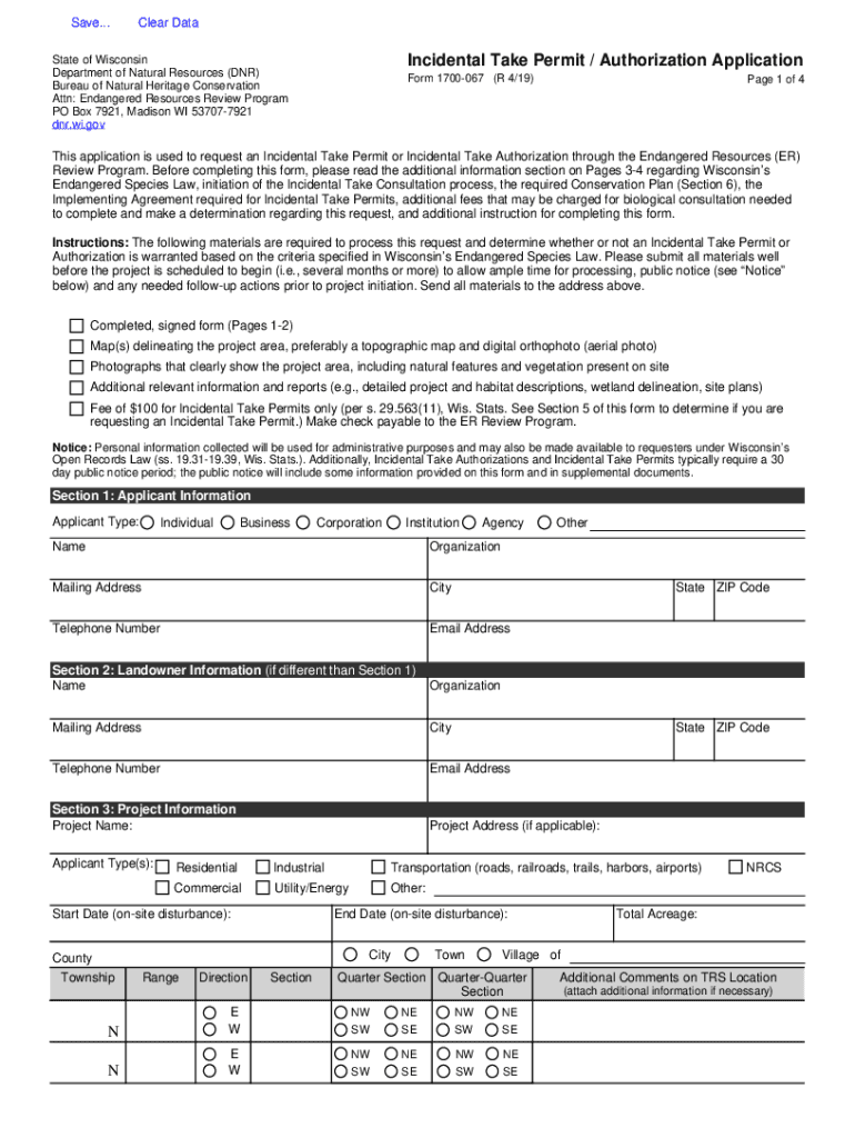 Fillable Online dnr wisconsin Form 1700-067. Incidental Take Permit / Authorization Application ...