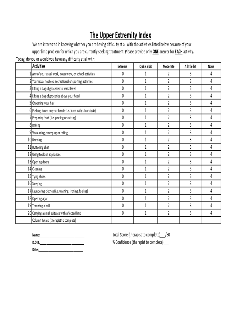 Fillable Online Upper Extremity Functional Index - Youngs Physical ...