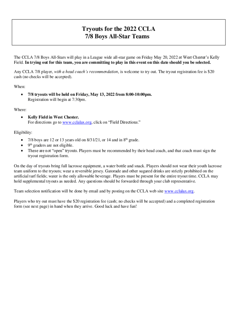Fillable Online Tryouts for the 2022 CCLA 7/8 Boys All-Star Teams Fax ...