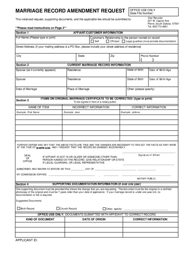 Fillable Online doh sd grantcounty.sd.govmarraigeamendmentMARRIAGE ...